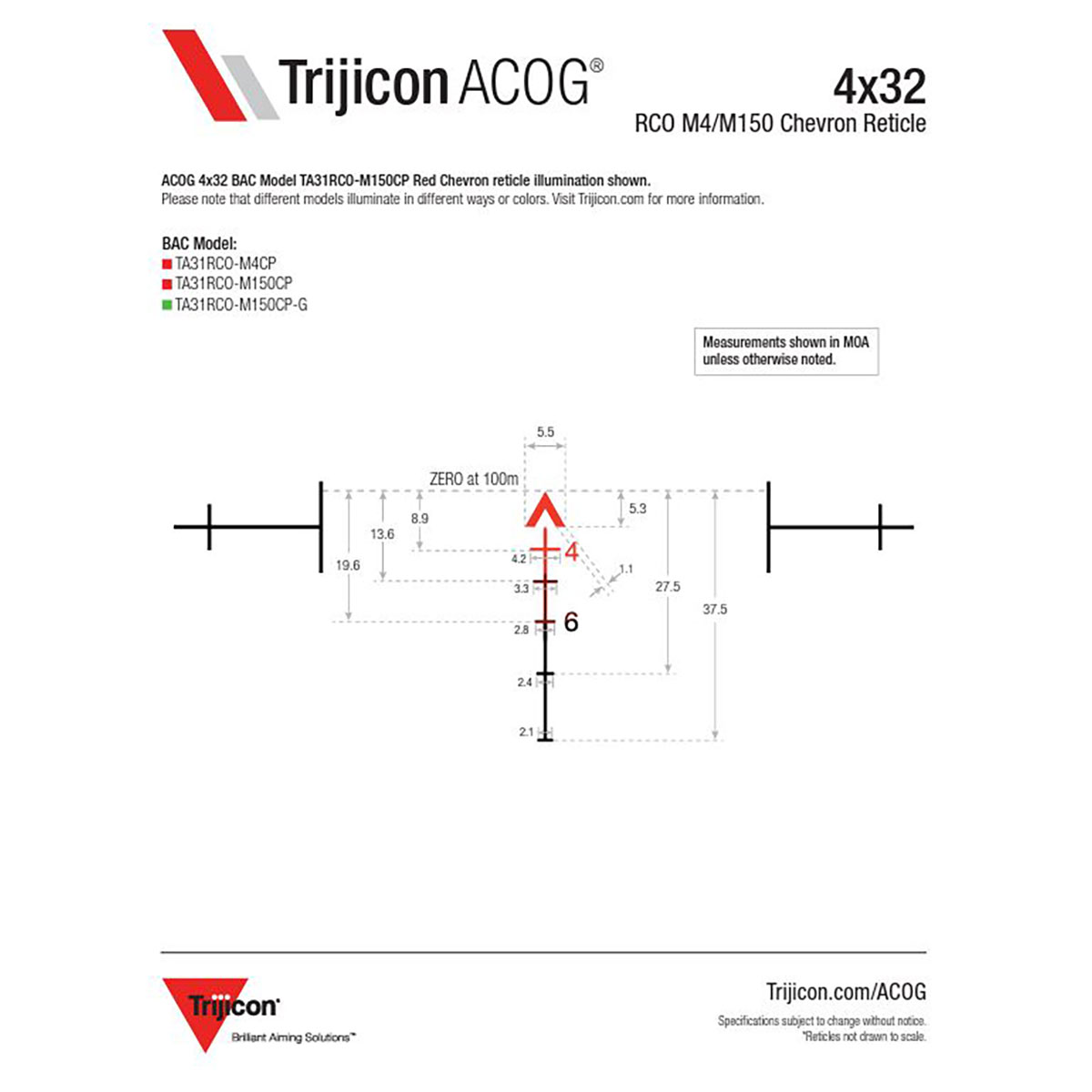 TRIJICON ACOG USMC RCO M4/M4A1 4x32mm Fixed Red Chevron W/TA51 Mount ...